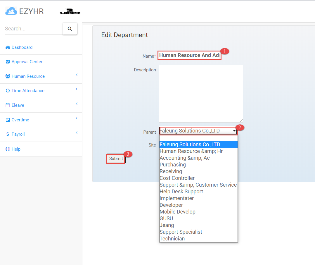 วิธีแก้ไขชื่อ Department – EZY-HR โซลูชั่นบริหารงานบุคคลออนไลน์